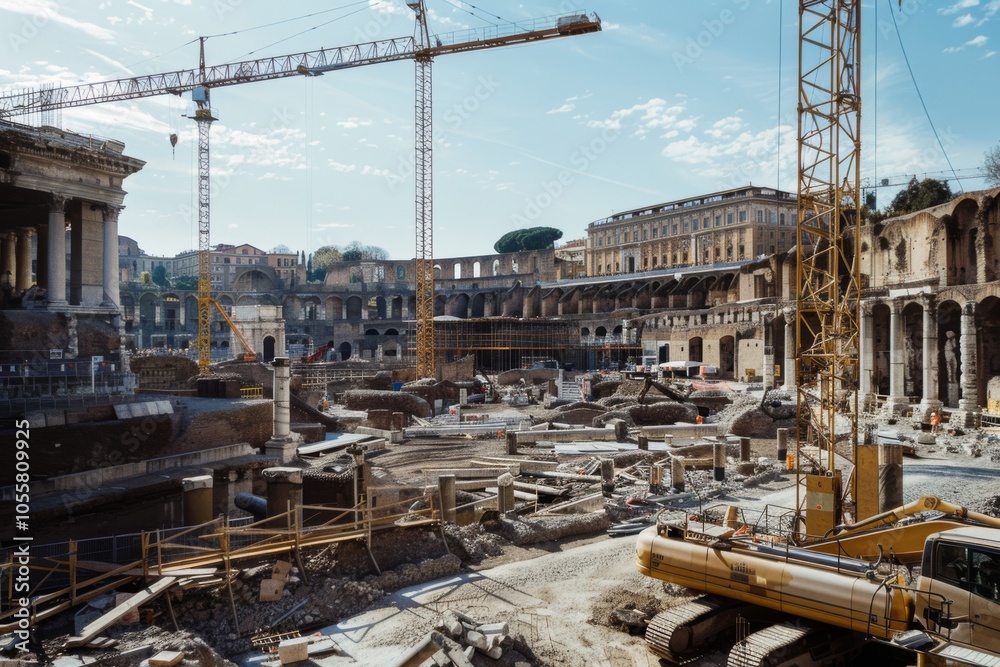 Situated against a backdrop of ancient ruins, towering cranes signal ...
