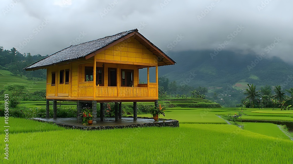 Elevated small house overlooking rice paddies blending modern design ...