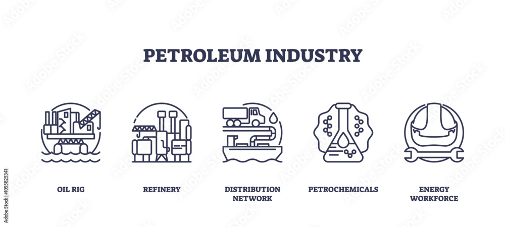 Petroleum industry icons show oil rig, refinery, and distribution ...
