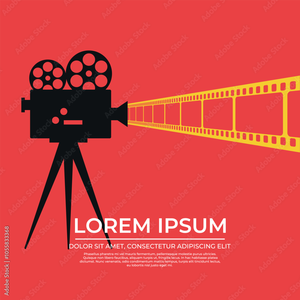 Movie premiere template design with retro movie camera and film strip. Bright movie film poster ...