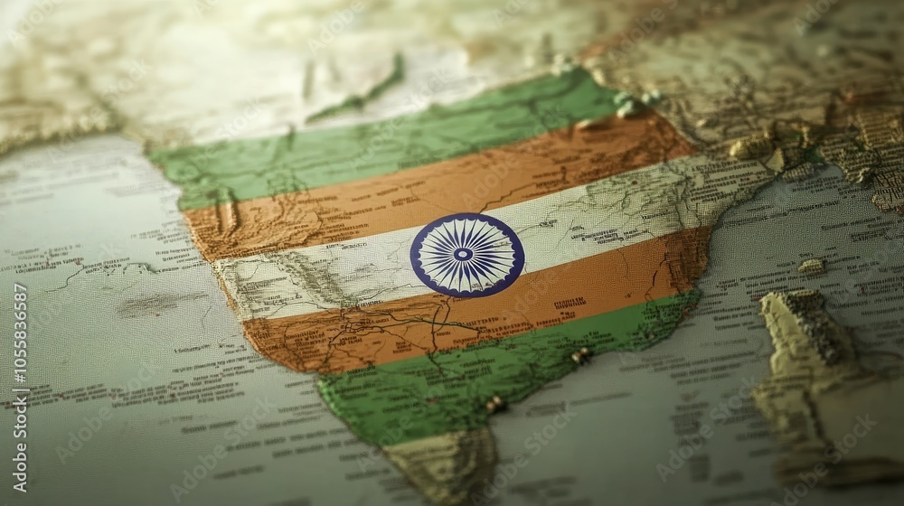 Indian flag overlay on a digital map, marking significant Indian ...