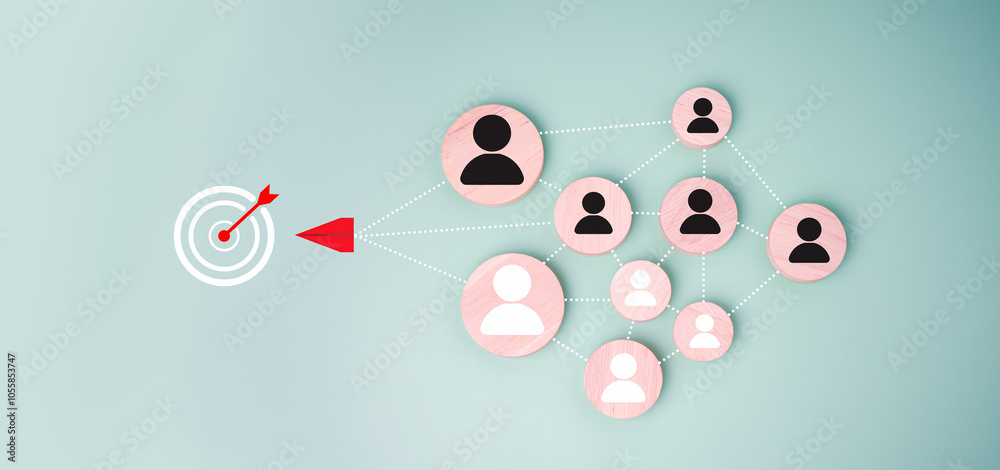 Dartboard and red arrow connection linkage with human icon for customer ...