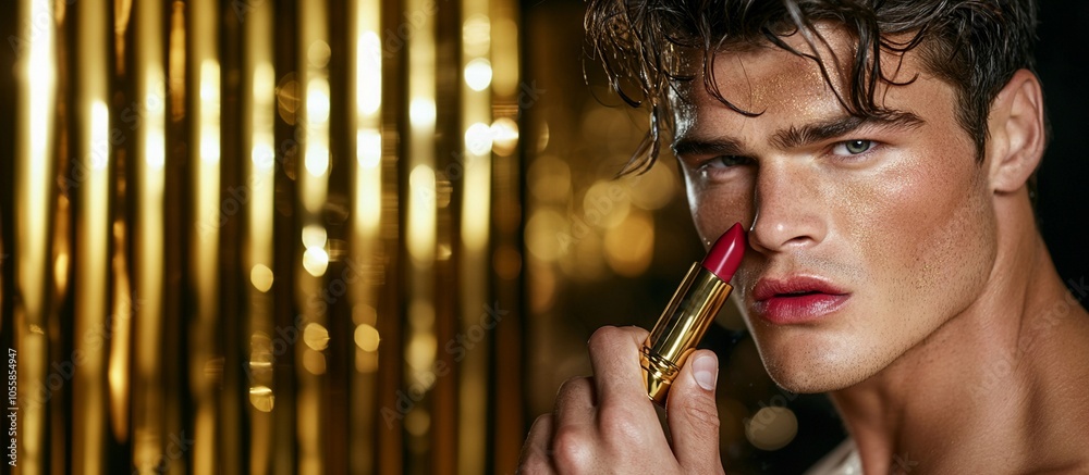 Strong male model applying red lipstick on his lips on gold background ...