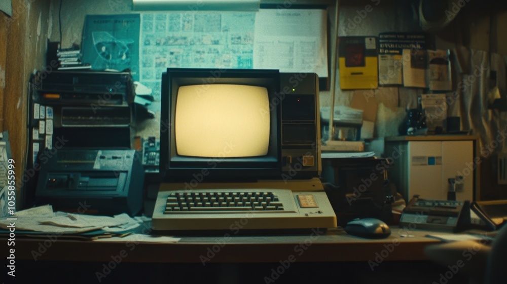 Dusty, retro computer on a cluttered desk, faint glow from the screen ...