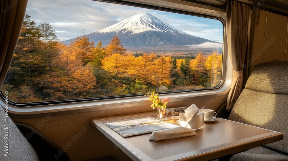 A breathtaking view of Mount Fuji fills the window as colorful autumn ...