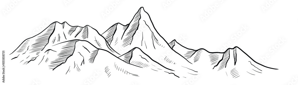 Mountain Range vector illustration. Linear drawing in Black and White ...