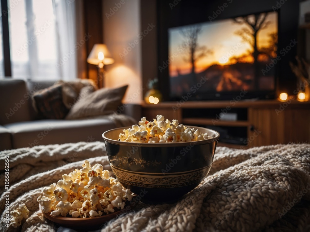 A cozy movie night scene featuring a plate of buttery popcorn ...