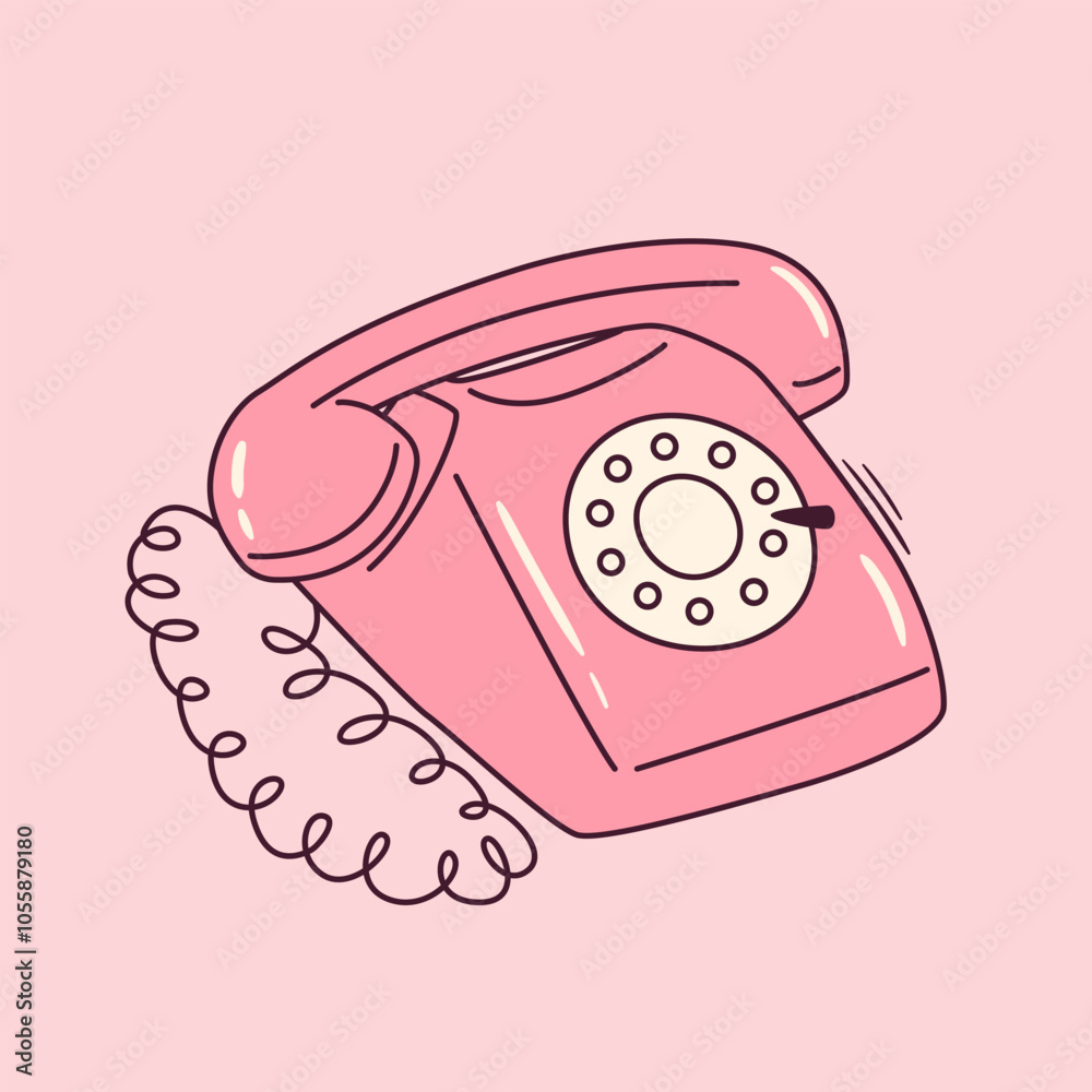 Retro dial telephone in pink color. Vintage wire phone contour drawing ...