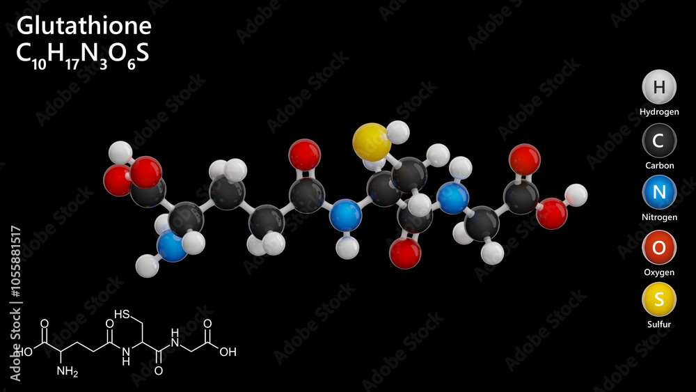 Molecule: Glutathione. Antioxidant. Molecular structure. Formula ...