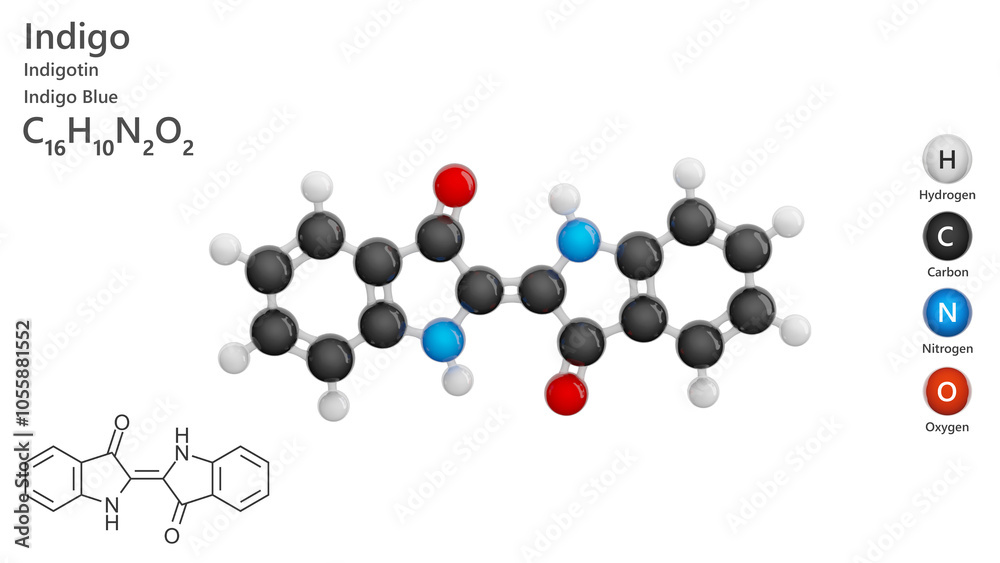 Molecule: Indigo. Natural dye. Molecular structure. Formula: C16H10N2O2 ...