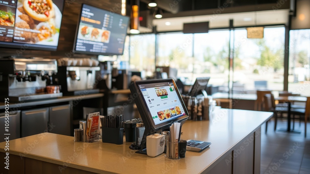 An advanced restaurant order system with a touchpad, card machine, and ...