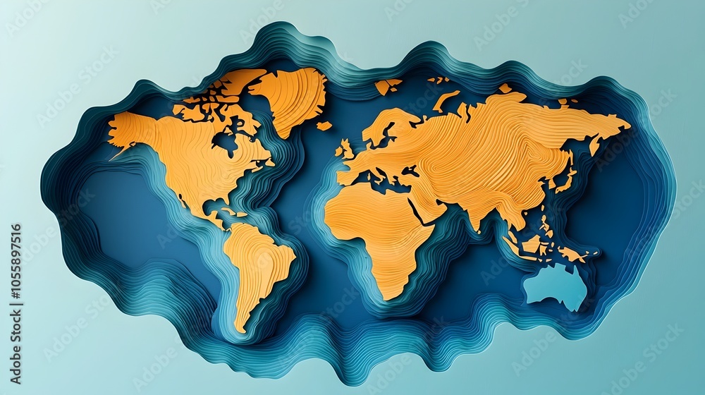 Layered 3D Papercut World Map Highlighting Countries and Continents ...