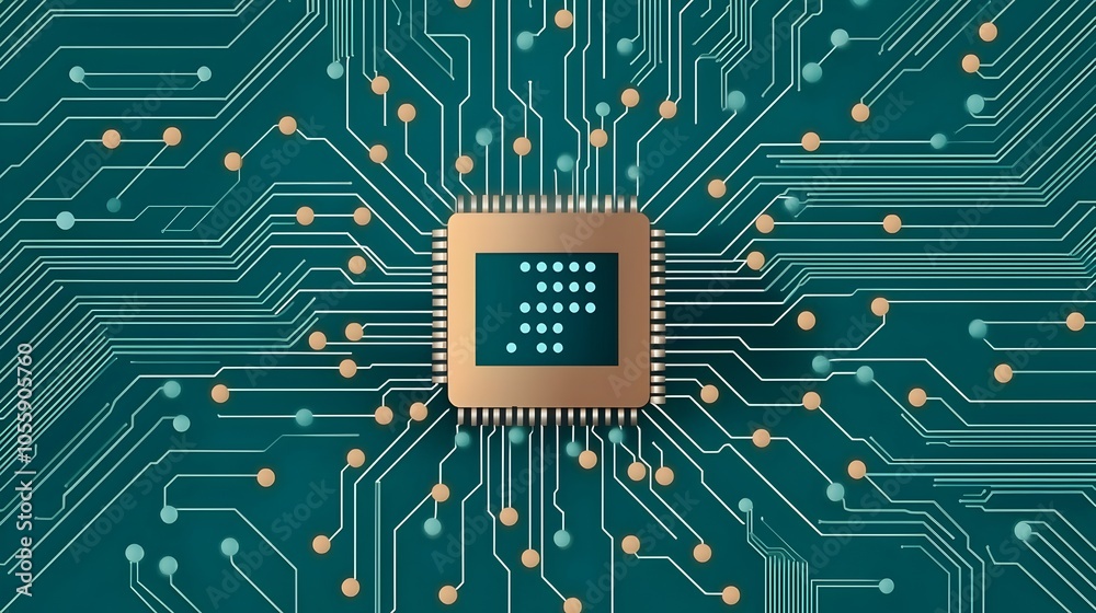 Futuristic of a digital circuit board with connected circuits and dots ...