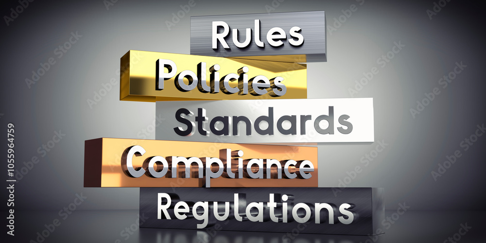 Rules, policies, standards, compliance, regulations - words on metal blocks - 3D illustration ...
