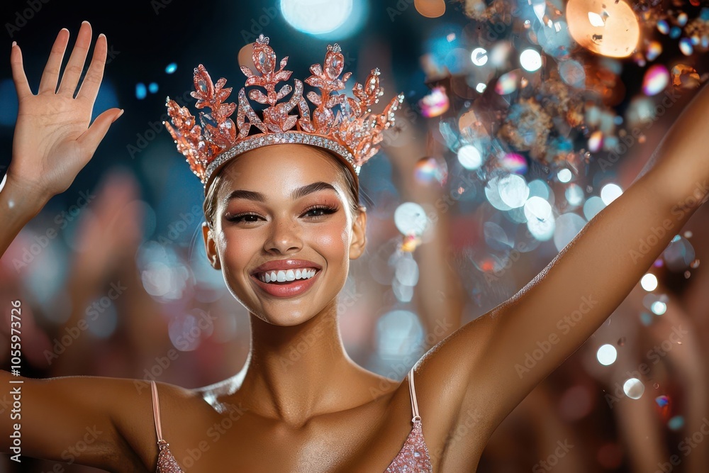 Artistic depiction of a Miss Universe winner waving to the audience as ...