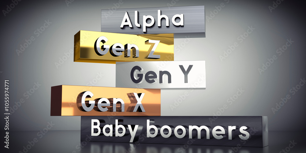 Alpha, Gen Z, Gen Y, Gen X, Baby boomers - 3D illustration Stock ...