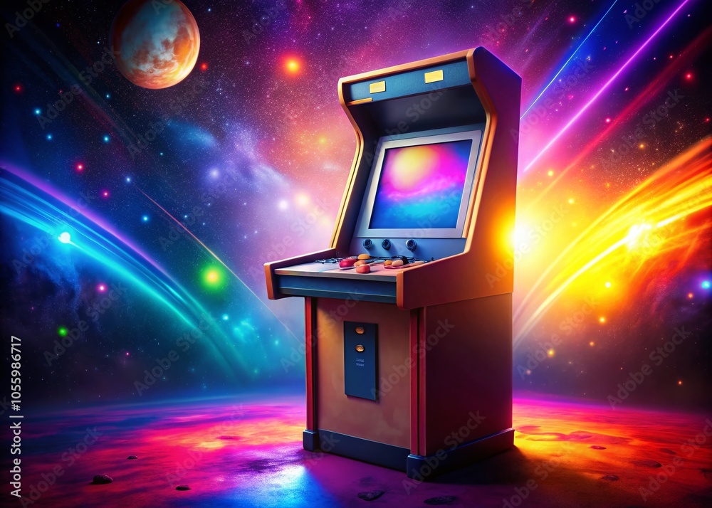 Vintage Arcade Machine with Vibrant Lights and Pixelated Graphics, Focus on Joystick and Buttons ...