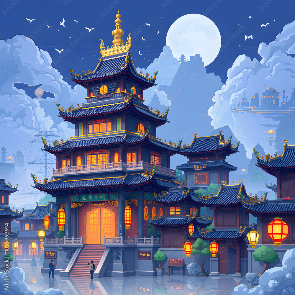 Foto de Stock 8-bit pixelart, Pixel Chinese ancient building, cyberpunk ...