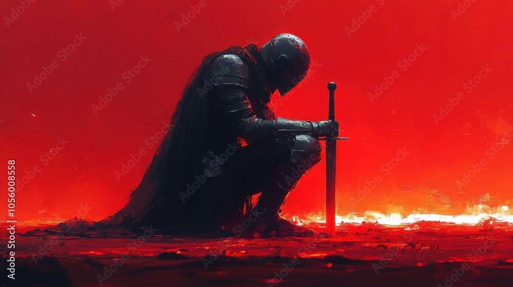A lone knight kneels in a fiery landscape, his sword planted firmly in ...