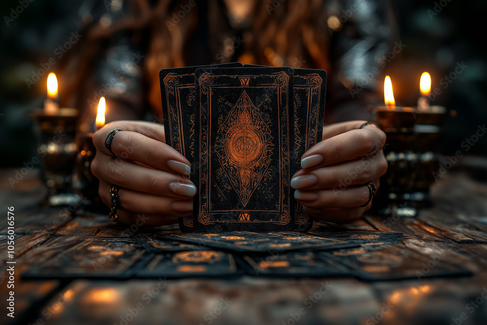 Tarot card deck in the hands of a fortune teller in the light of ...