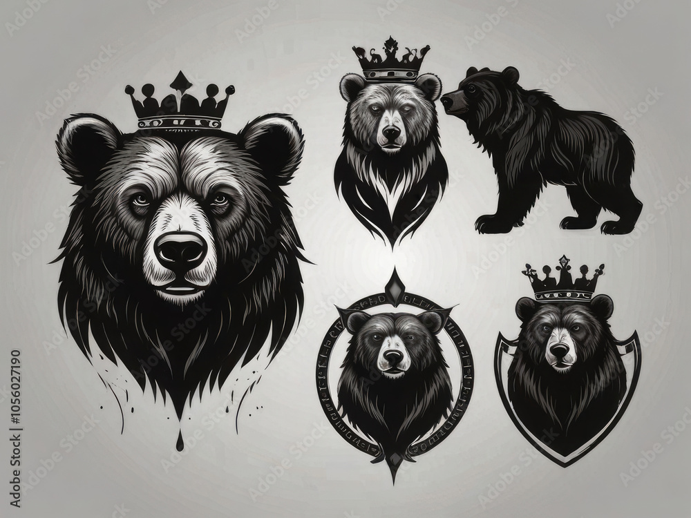 Royal bear emblems vector illustration black and white perfect for ...