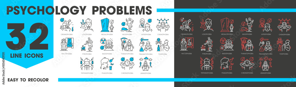 Psychology problems and human phobia icons of mental health care ...