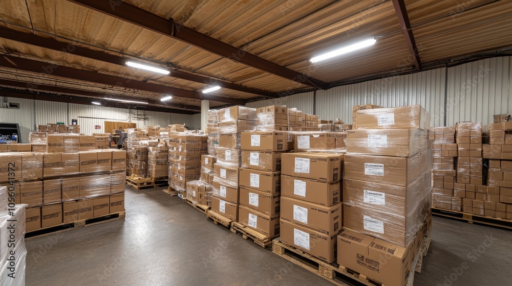 Scene of a packaging section in a factory with boxes neatly stacked on ...