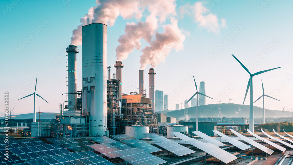 A high-tech green hydrogen production plant, featuring tall towers ...