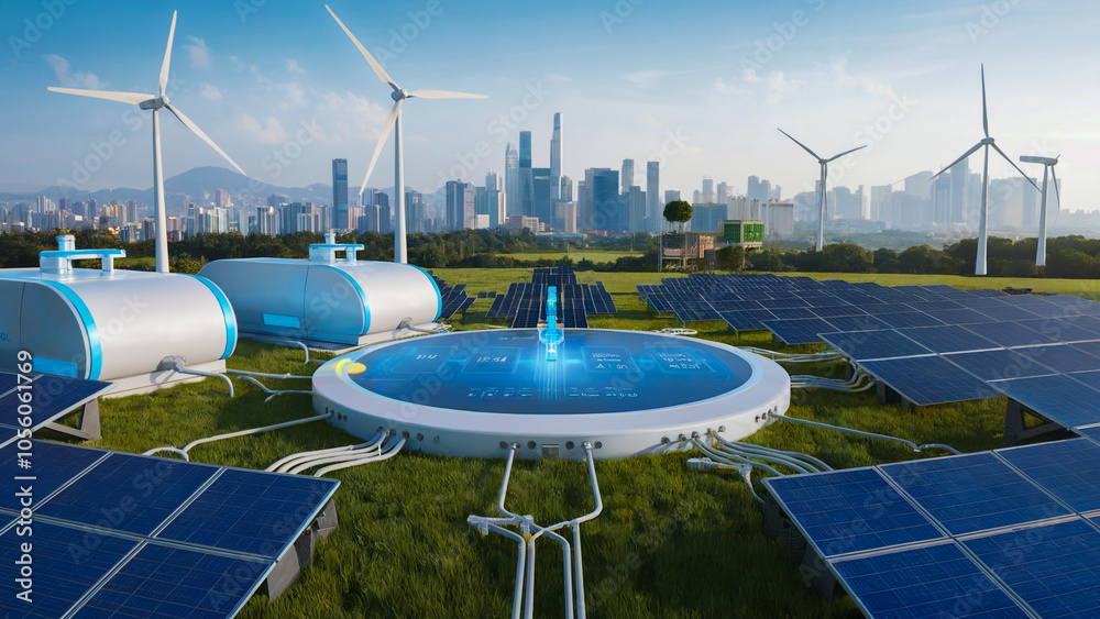 A modern clean energy infrastructure connecting hydrogen fuel cells ...