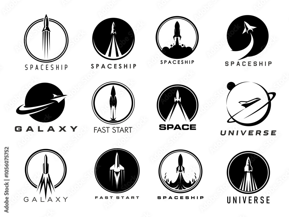 Spaceship and space rocket icons. Shuttle spaceship launch and rocket ...