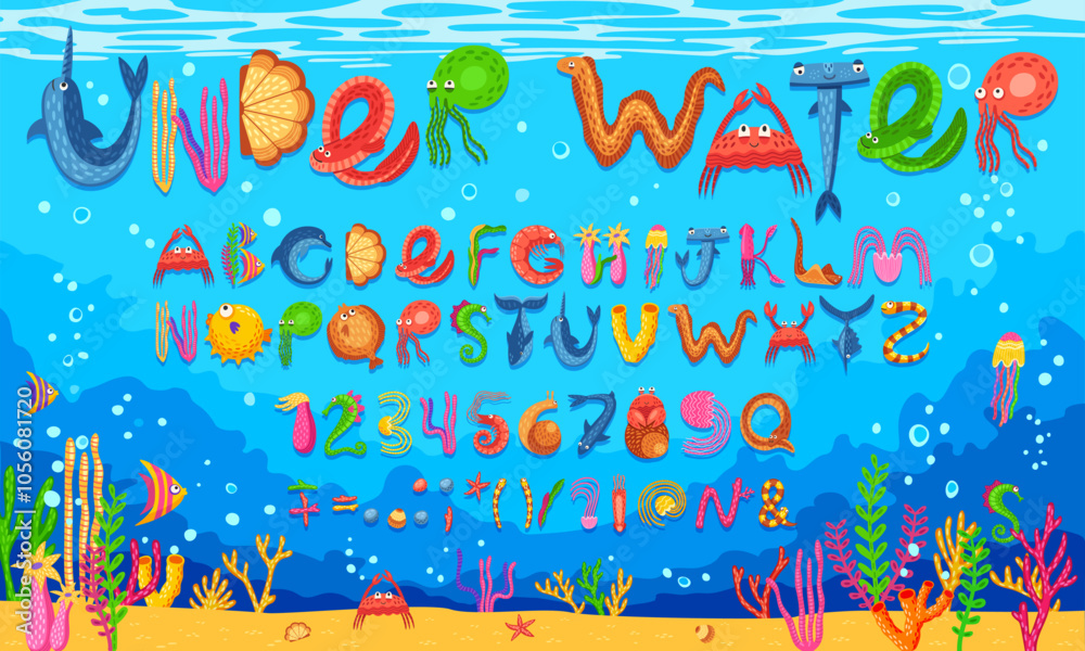 Cartoon sea animal font, marine alphabet, ocean underwater type ...