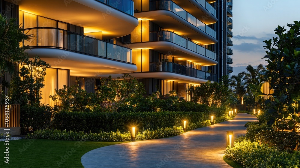 Luxury high-rise apartment with soft, ambient lighting along balconies ...