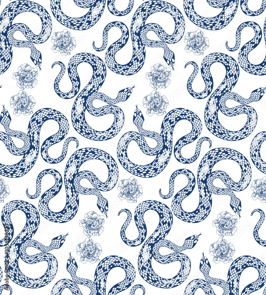 Pattern of blue snakes intertwined with floral designs, creating a ...