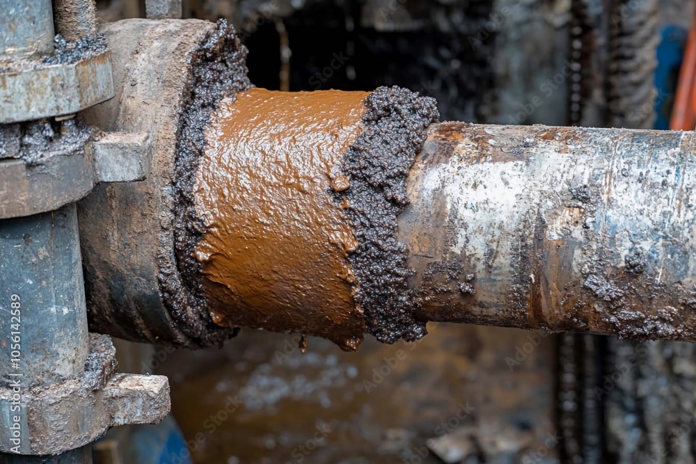 Rusty pipe with thick sludge accumulation in an industrial setting ...