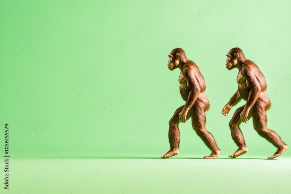 Two evolutionary stages of human ancestors walking on a vibrant green ...