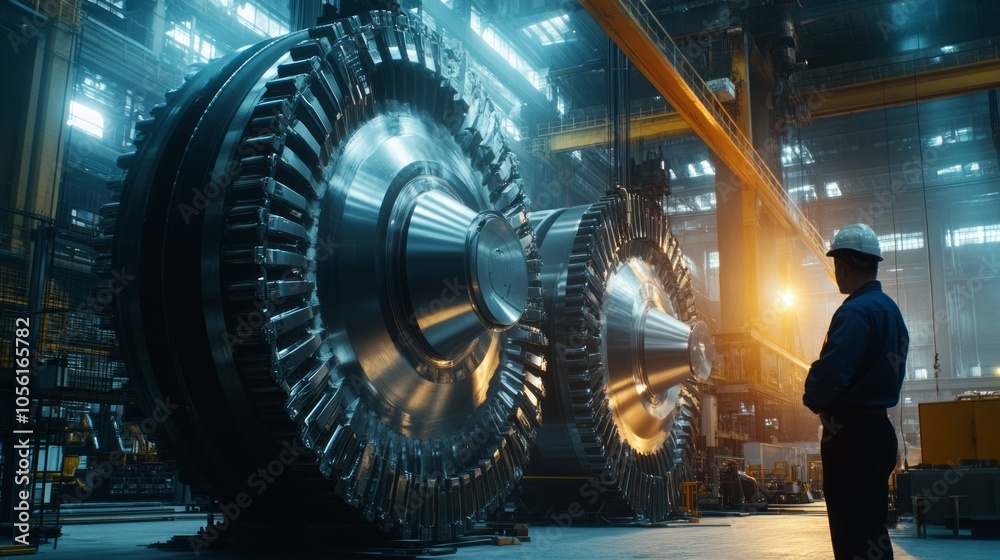 big heavy machines are being built inside a manufacturing plant. Stock ...