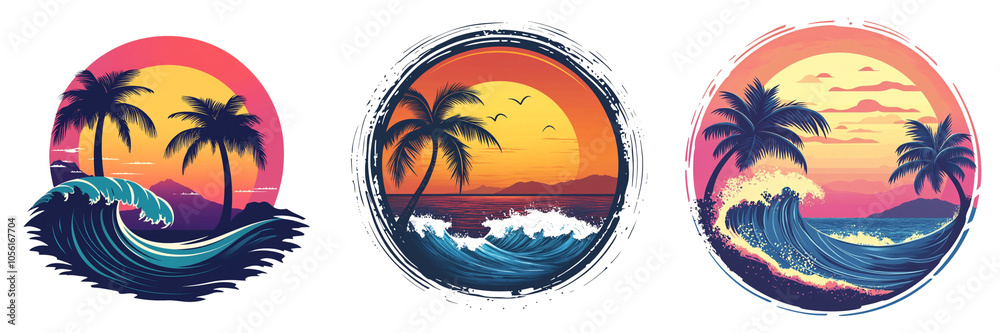 set of A Tropical sunset with palm trees and wave logo 2D vector ...