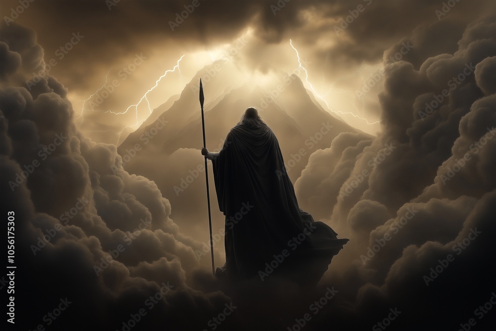 Moses stands with a staff atop a mountain, surrounded by dark clouds ...
