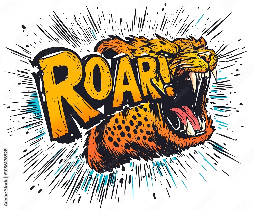Dynamic comic-style art featuring a roaring leopard with bold 'ROAR ...