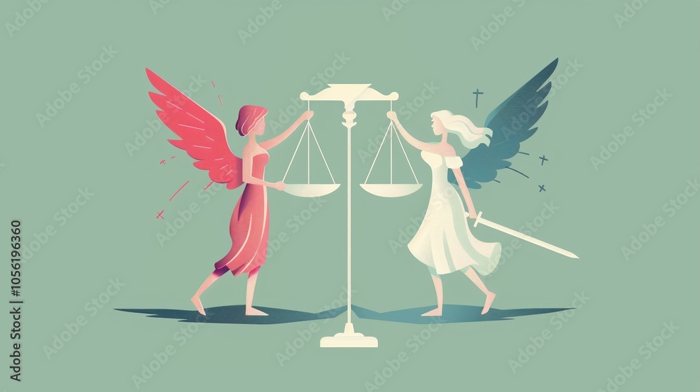 Devil and angel with justice scales background image. Balance of good ...