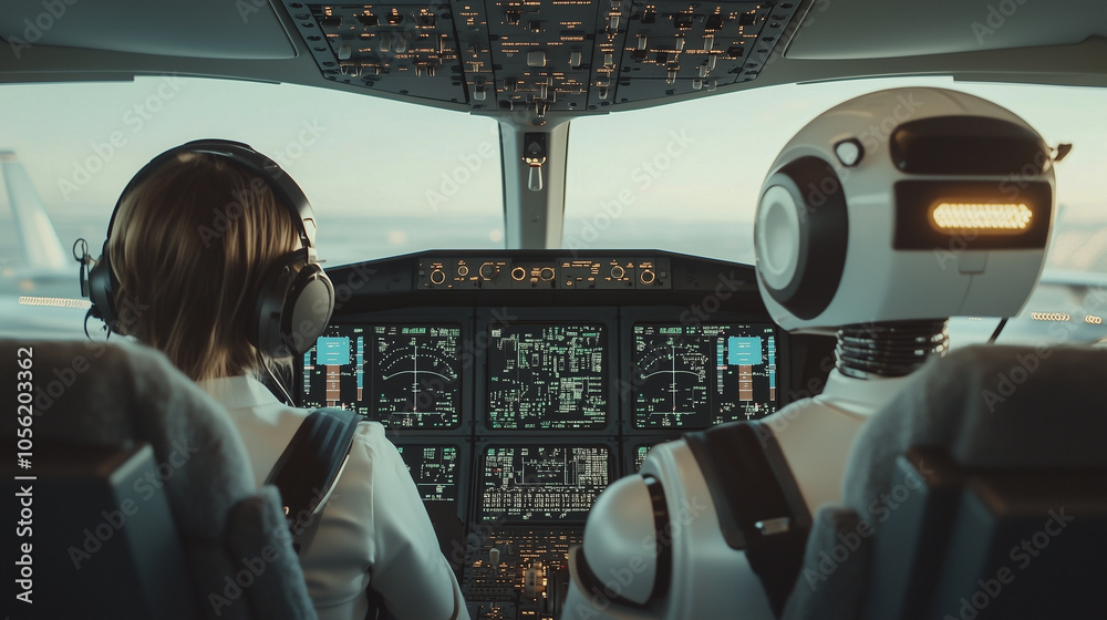 Airplane cockpit with human pilot and robot copilot flying using ...