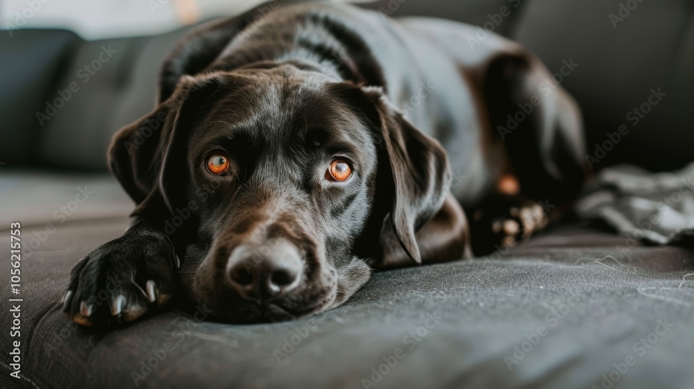 Cute Dog tired black Labrador dog with friendly amber eyes, laying on a ...