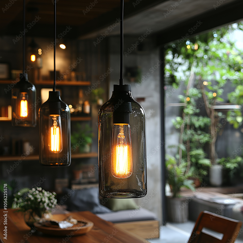 Elegant hanging lights created from upcycled glass bottles, soft, warm ...