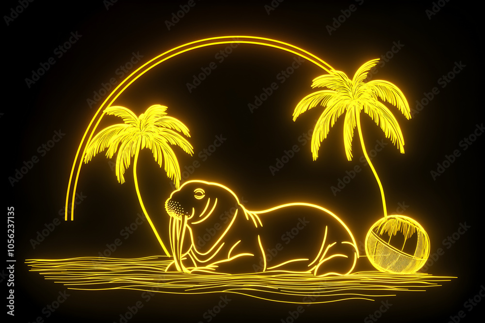Neon walrus sunbathing on beach with palm trees isolated on black ...