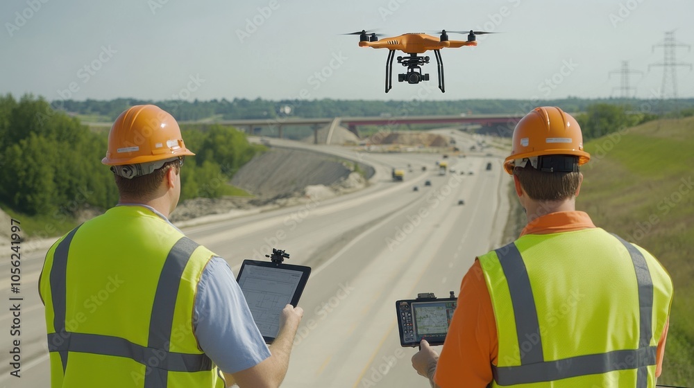 Engineers conducting a site survey for a new highway interchange, Stock ...