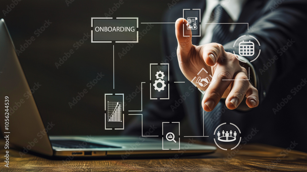 Employee Onboarding Process Concept: A professional interacts with a digital interface showing ...