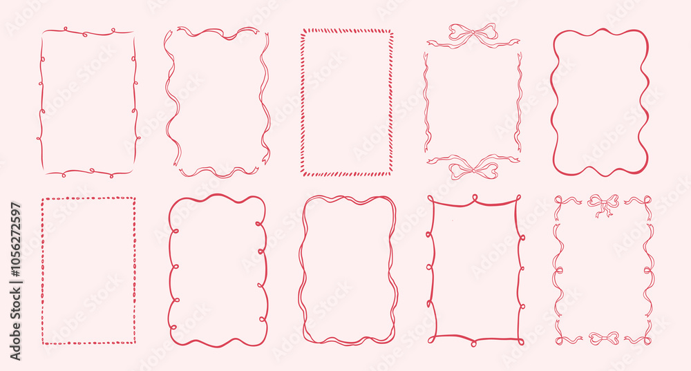 Doodle hand drawn frames with wavy lines, bows and ribbons. Minimalist ...