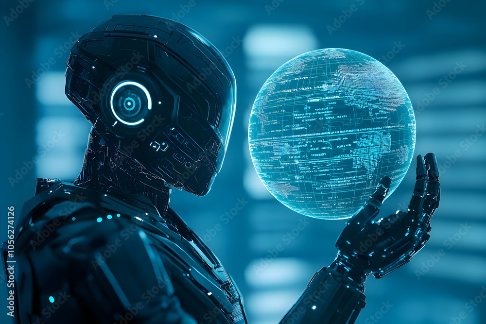 Futuristic Humanoid Robot Analyzing Holographic Data Sphere in ...