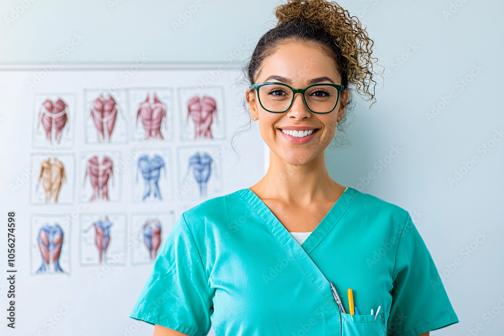 a female anatomy teacher explaining muscle groups, standing next to a ...