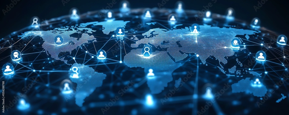 Stunning 3D rendering of a world map globe with digital user icons ...